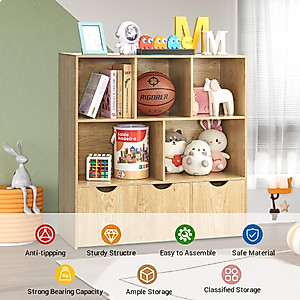 EFURDEN Toy Storage Organizer, Large Kids Bookshelf, 3 Tier Wooden Bookcase, Sturdy Baby Book Rack Storage, Toy Cabinet Chest, Child Book Display Shelf for Playing Room, Library, Nursery, Bedroom
