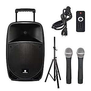 PRORECK Freedom 15 Portable 15-Inch 800 Watt 2-Way Rechargeable Powered Dj/PA Speaker System with Bluetooth/USB/SD Card Reader/FM Radio/Remote Control/Wireless Microphones/Speaker Stand