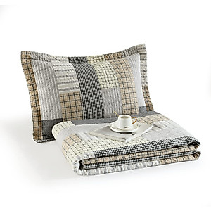 Qiqiong Quilt King Size,Patchwork Quilt Bedding Set 100% Cotton Plaid Bedspread King Size Lightweight Coverlet Comforter Set Quilted Bedspreads All Season,Gray/Charcoal/Cream/Beige 3 Pieces