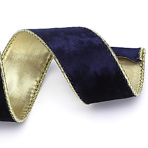 Ribbli Navy Velvet Wired Ribbon 1.5 Inch Metallic Navy Blue Gold Crushed Velvet Christmas Ribbon for Gift Wrapping Christmas Tree Decoration Crafts Wreaths Supplies-Continuous 10 Yards