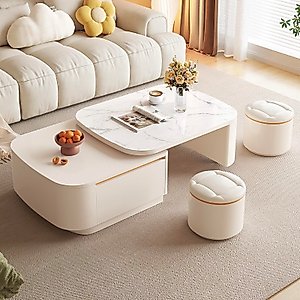GraceNook Extended Oval Coffee Table with 2 Pu Leather Stools Set, Length Extend from 35"- 54", Nesting Coffee Table 3 Sets with Faux Marble Surface, Center Table with 2 Drawers for Living Room