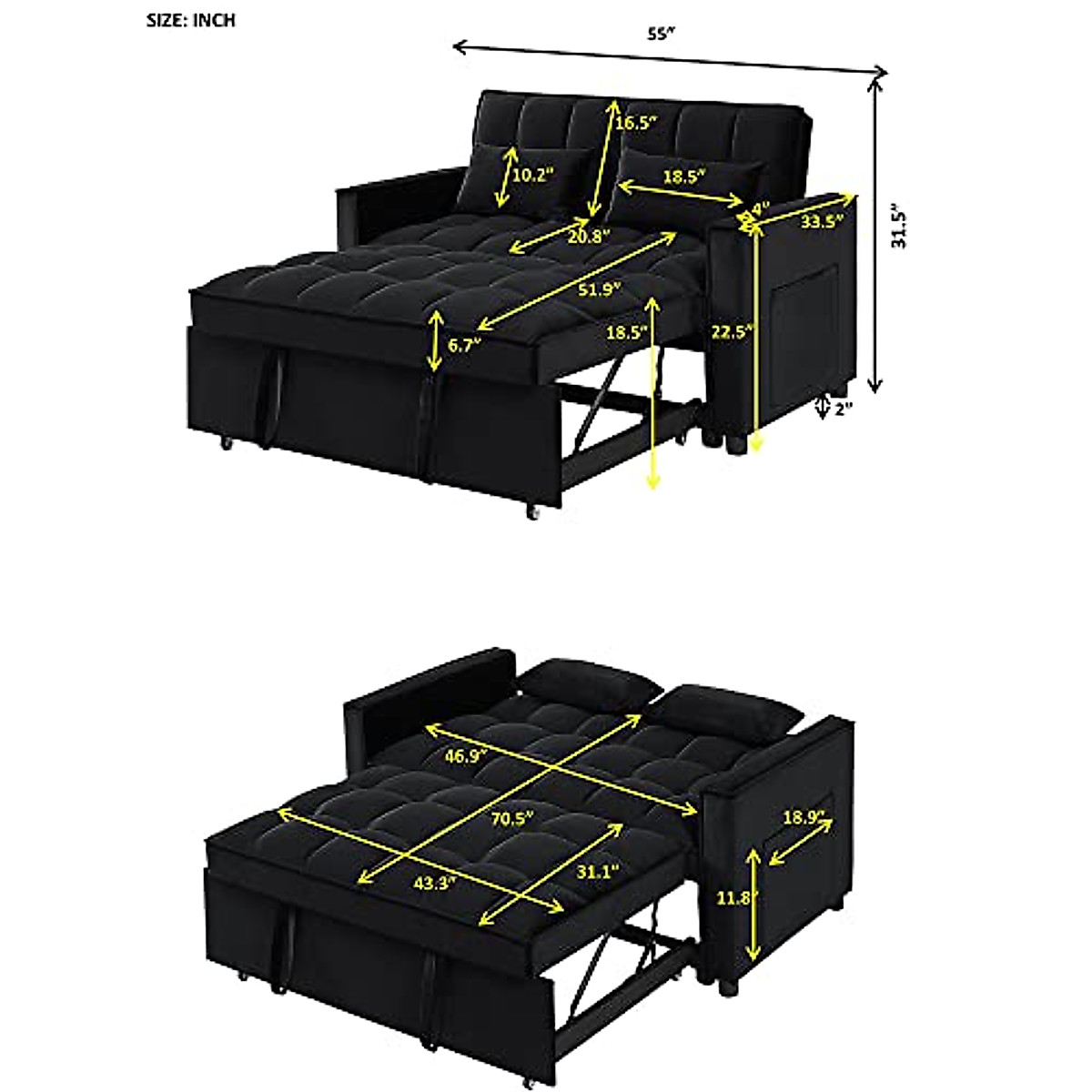 HABITRIO Modern 55.2" Small Pull Out Sleep Sofa Bed 2 Seater Loveseats Sofa Couch with Adjsutable Backrest and Lumbar Pillows for Apartment Office Living Room
