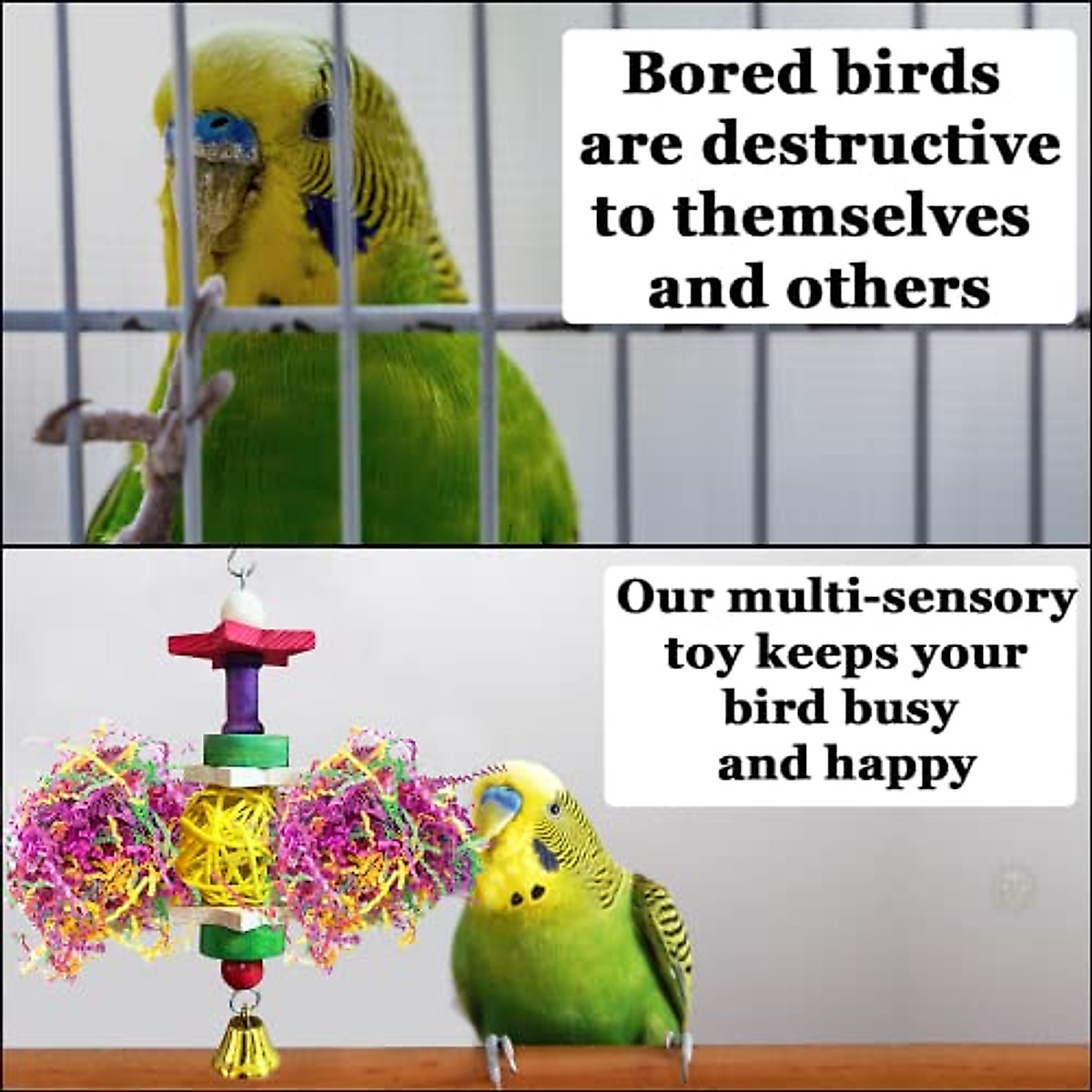 SunGrow Parakeet Toy, Brightly Colored Hanging Toy Made of Rattan, Wood and Shredded Paper, for Small and Medium Parrots, Cockatiels, Lovebirds and Finches (1 Piece)