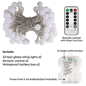 LCHUANG Battery Operated String Lights 66FT 200LEDs - Each 33FT 100LEDs 8 Mode Waterproof Christmas Fairy Lights Indoor Outdoor Hanging Globe Decorative Lights for Home Party Patio Garden Wedding