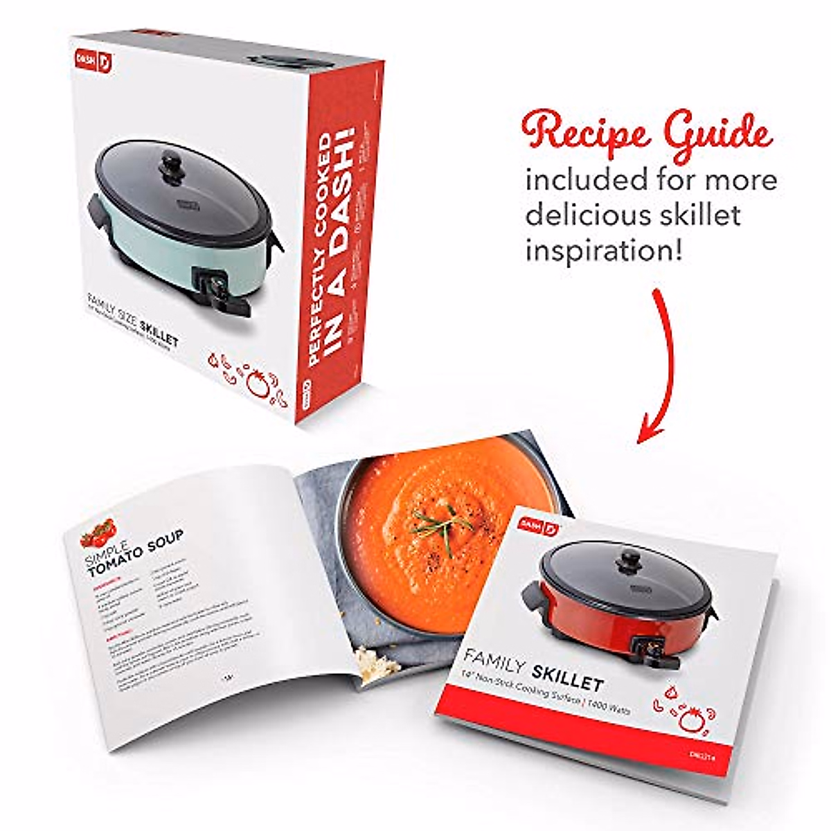 DASH Family Size Electric Skillet with 14 inch Nonstick Surface + Recipe Book for Pizza, Burgers, Cookies, Fajitas, Breakfast & More, 20 Cup Capacity, 1400-Watt - Red