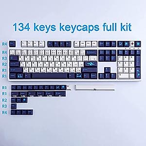 JOMKIZ PBT Keycaps, 134 Keys Blue Moon Dye Sublimation Cherry Profile Keycaps with 7U Spacebar Japanese Keycap Set for MX Switches Mechanical Keyboards