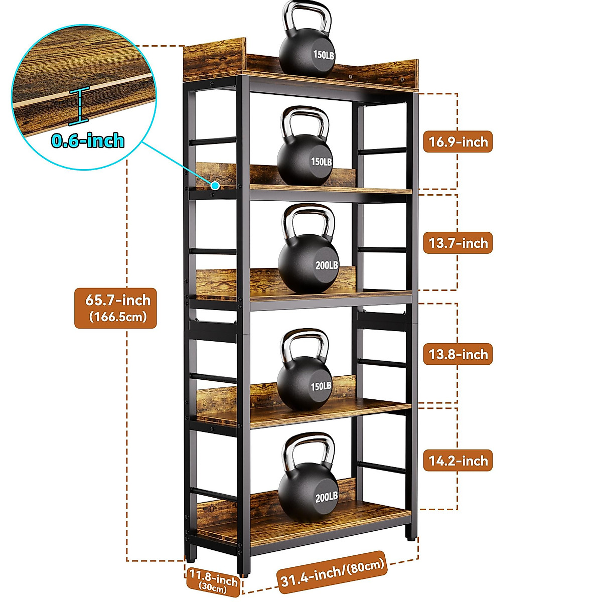 Aquzee Bookshelf, 66" H 5-Tiers Heavy Duty Industrial Shelving Wood & Metal Bookcase, Rustic and Black Tall Shelf Units for Home, Office, Living Room