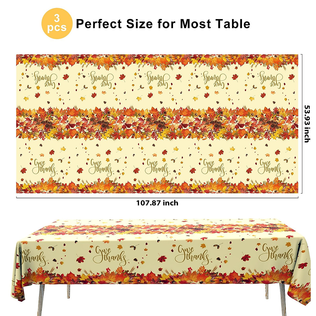 Tbsone Fall Thanksgiving Disposable Rectangle Tablecloth - 3 Pack, Autumn Maple Leaves Theme Plastic Table Cloth & Cover for Harvest Party Decorations Supplies (54 x 108 Inches)