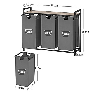 AMHANCIBLE Laundry Hamper with 3 Section, Laundry Basket with 3 Pull-Out and Removable Bags, Laundry Sorter with Shelf, Dirty Clothes Hamper for Laundry Room, Bathroom, 3 x 10 Gallons (38L) HLS03GY