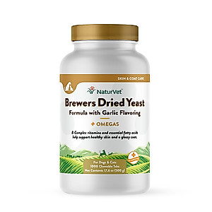NaturVet – Brewer’s Dried Yeast Formula with Garlic Flavoring – Plus Omegas | Rich in Omega-3, 6 & 9 Fatty Acids | Fortified with B1, B2, Niacin & Vitamin C | for Dogs & Cats | 1000 Chewable Tablets