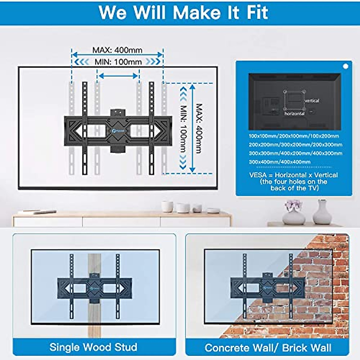 Pipishell Full Motion TV Wall Mount, Heavy Duty Single Articulating Arms TV Bracket for Most 26-60 Inch Flat Curved TVs, Up to VESA 400x400mm and 77lbs, Support Swivel, Tilt, Level Adjustment