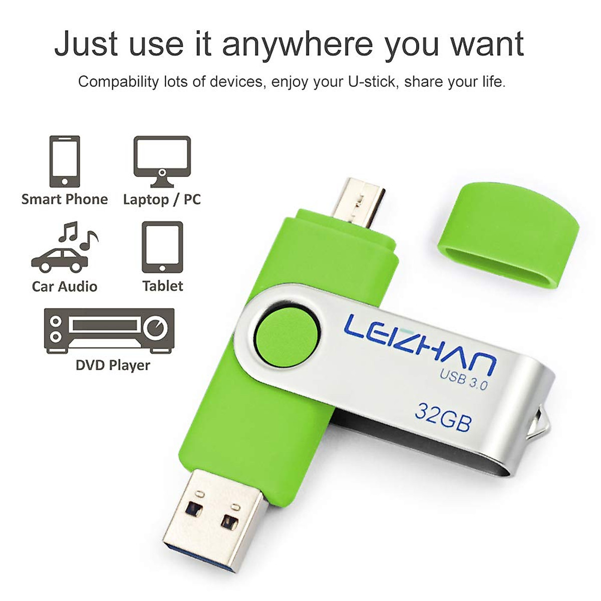 leizhan Thumb Drive 64 gb High Speed USB Flash Drive 3.0 for Samsung Galaxy S7/S6/S5/S4/S3/Note5/4/3/2/A7, Micro-USB 3.0 Memory Stick, Green