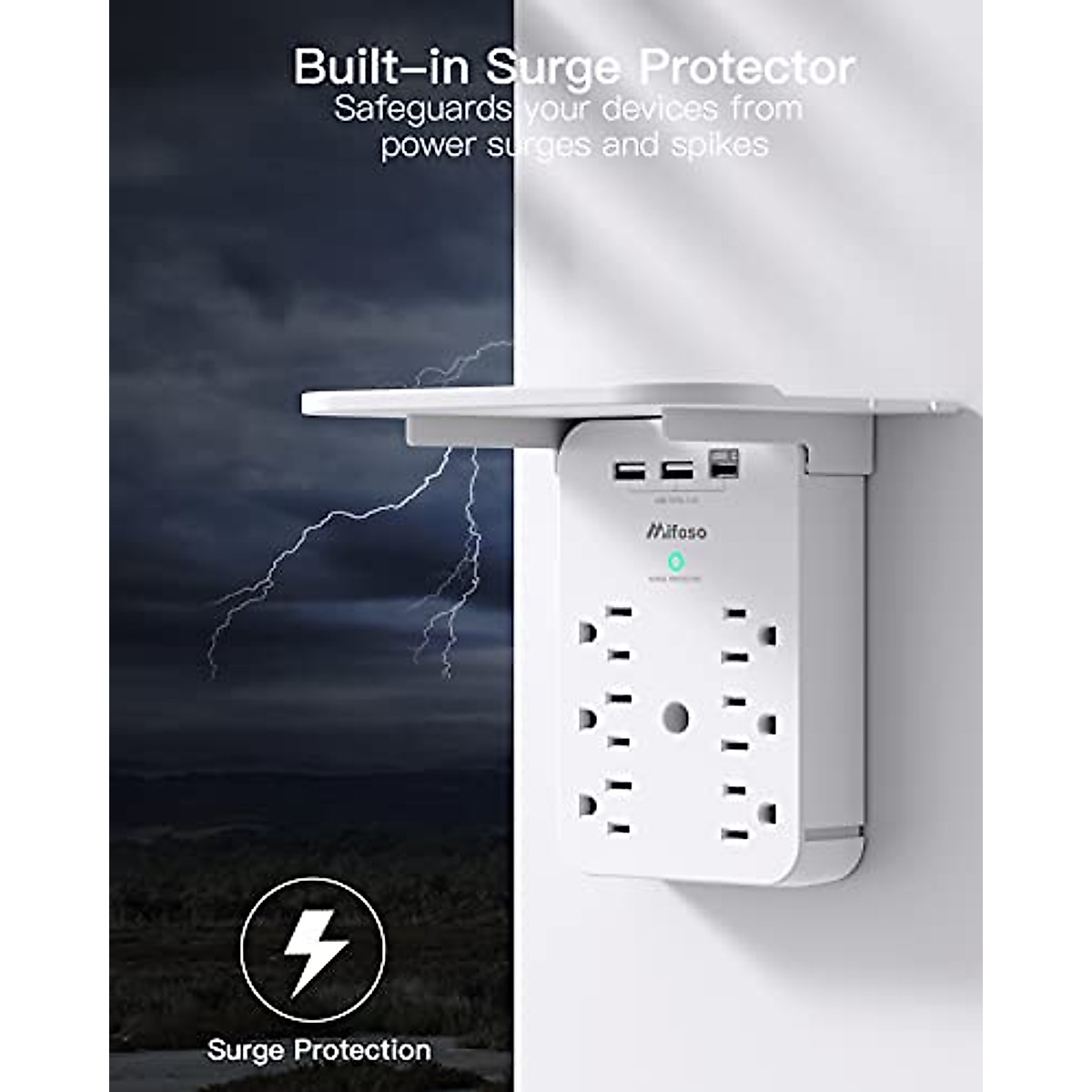 Wall Outlet Extender - Surge Protector 6 AC Outlets Multi Plug Outlet with Shelf, 2 USB and USB C Charging Ports Wall Plug Expander, USB Wall Charger Outlet Splitter for Home Dorm