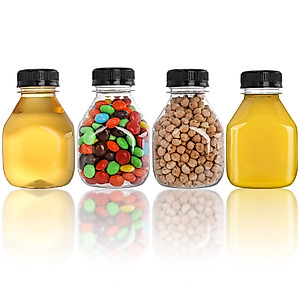 DEAYOU 24 Pack Plastic Juice Bottles, 8 OZ Empty Clear Beverage Bottles with Caps, Small Reusable Drink Container with Black Tamper Evident Lid for Take Out, Milk, Smoothie, Juicing, Cold Drinks