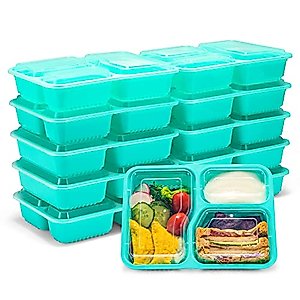 Glotoch Meal Prep Container Reusable, 15 Pack 34oz 3 Compartment To Go Containers for Food Snack, Plastic Divided Food Storage Meal Prep Containers With Lids for Microwave Freezer BPA-Free,Safe,Green