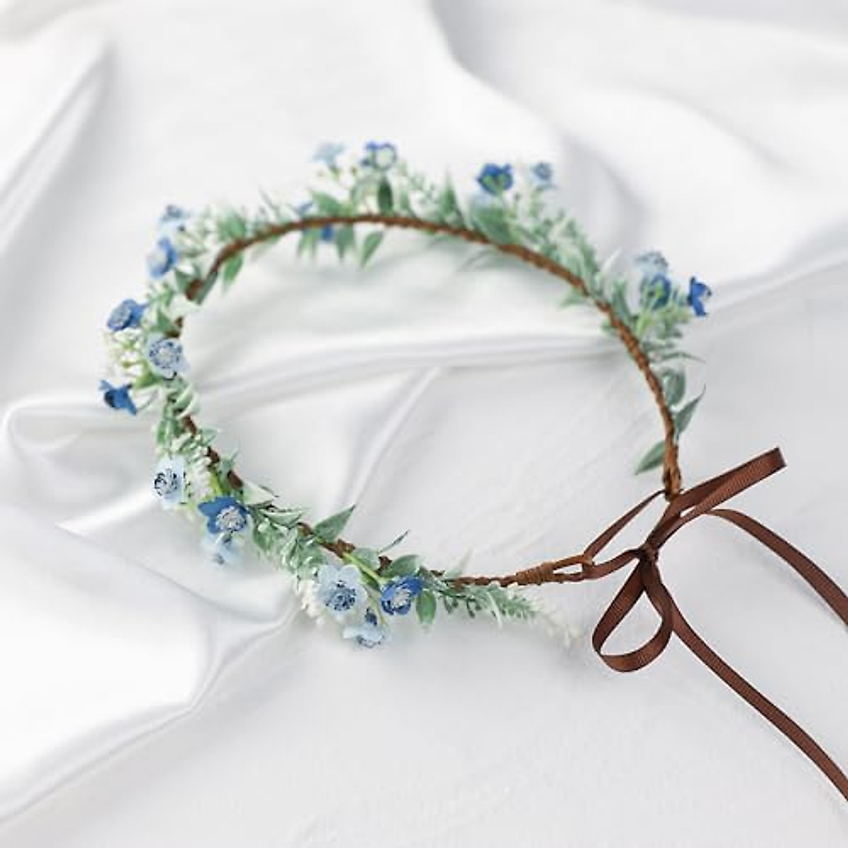 KorViSHOW Handmade Blue Flower Crown Green Leaf Headdress for Women Girls Flower Headband Bridal Headpiece Fairy Wreath for Birthday Party Festival Cosplay