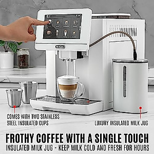 Zulay Magia Super Automatic Espresso Machine with Grinder - Espresso Maker with Milk Frother & Insulated Milk Container- Cappuccino & Latte Machine - Touch Screen, 19 Coffee Recipes, 10 User Profiles