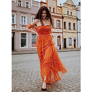 Ever-Pretty Women's Formal Dress Sweetheart Off-Shoulder Ruched Tulle Maxi Bridesmaid Dresses Burnt Orange US4