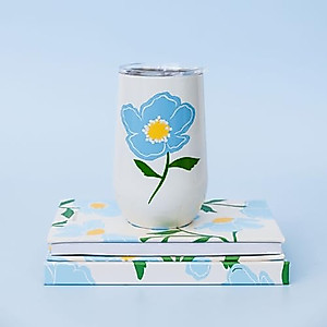 kate spade new york Insulated Stainless Steel Wine Tumbler, 16 Ounce Double Wall Tumbler, Blue Stemless Travel Cup with Lid, Sunshine Floral