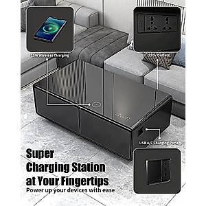 LIVTAB Smart Coffee Table, 27.8" D x 51" W x 18.1" H, Living Room Table with Built in Fridge and Speakers, Smart Table with 15W Wireless Charging, USB Chargers and 110V Outlets (Black)