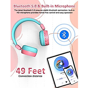 New bee Kids Bluetooth Headphones with Microphone Bluetooth 5.0 Wireless Kids Headphones with 32H Playtime/94dB Volume Limited On Ear Headphones for School/Girls/Boys/iPad/Fire Tablet(Pink)