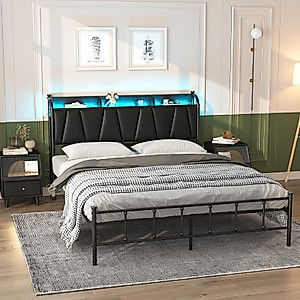 Halitaa Black Queen Bed Frame with Led Lights and Charing Station,Upholstered Headboard with Storage Shelves,Farmhouse Platform Bed,No Box Spring Needed