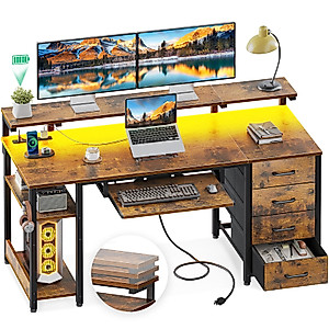 AODK 63 Inch Computer Desk with Power Outlet and LED Light, Office Desk with Fabric Drawer and Keyboard Tray, Gaming Desk with Adjustable PC Shelf and Monitor Stand, Desk for Bedroom with USB, Vintage