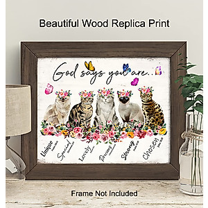 God Says You Are Cat Wall Art - Christian Inspirational Encouragement Gifts for Women - Bible Verses, Psalms, Scripture Wall Decor- Catholic Religious Gifts - Positive Motivational Quotes - Boho Decor