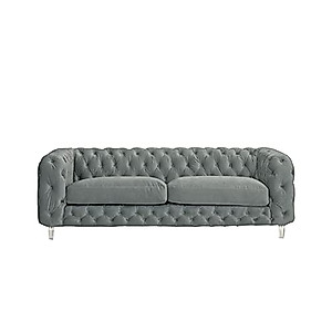 Iconic Home Modern Contemporary Tufted Velvet Down-Mix Cushons Acrylic Leg Sofa, Grey