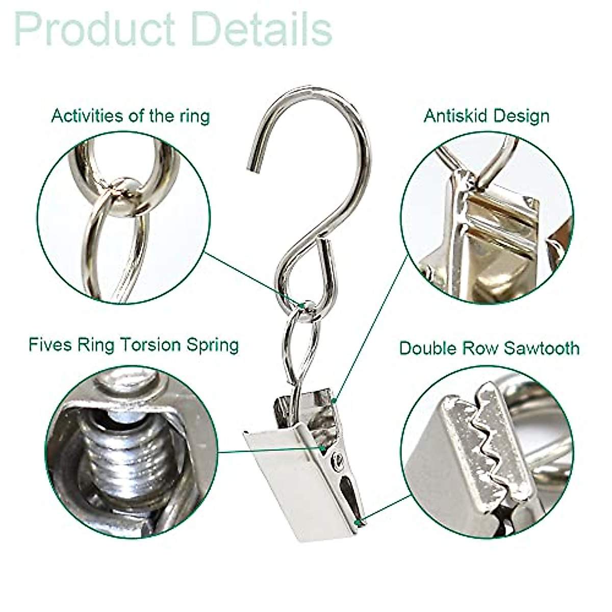 Renashed 50 Pack Curtain Clip String Hanger Outdoor Indoor Photo Hook Stainless Steel Hook Silver (Silver)