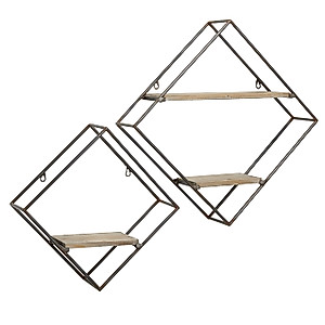 Deco 79 Metal Diamond 3 Shelves Wall Shelf, Set of 2 12", 16"H, Black
