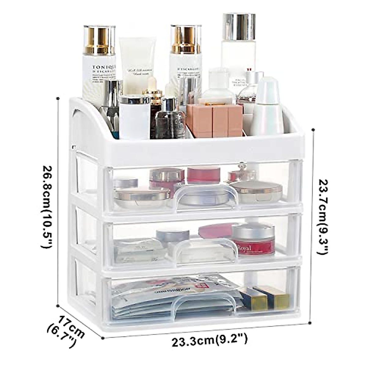 Makeup Organizer for Vanity, Skincare Organizers with 3 Drawers, Cosmetics Organizer for Skin Care, Eyeshadow, Brushes, Lipstick, Powders, Nail Polish.Great for Dresser, Bedroom, Bathroom (White)