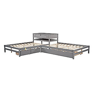 MOEO L-Shaped Full Size Platform Bed with Trundle and Drawers Linked w/ Built-in Desk for Kids, Bedroom, Teens, Adults, No Box Spring Needed, 3 Wood Bedframe in 1, Gray
