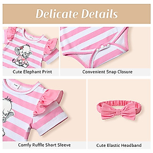 PENNSOY Baby Girl Clothes Newborn Infant Elephant Print Summer Outfits Ruffle Short Sleeve Romper Jumpsuit with Headband 3PCS Pink 3-6M