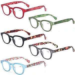 Kerecsen Reading Glasses Fashion Men and Women Readers Spring Hinge with Pattern Design Eyeglasses for Reading (5 Pack Mix Color, 1.75)