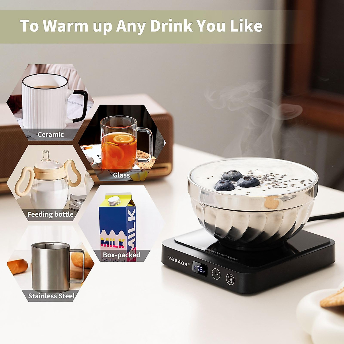 VOBAGA Mug Warmer, Coffee Cup Warmer for Office Home Desk with 5 Temperature Settings, Candle Warmer & Beverage Warmer with Digital Display Auto Shut Off for Heating Coffee, Cocoa, Milk, Tea(No Cup)