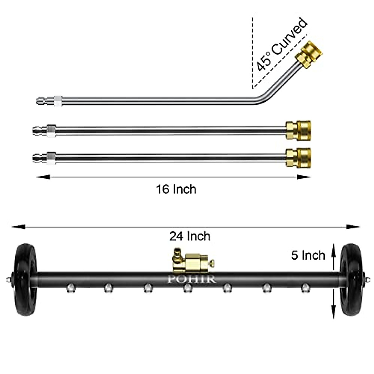 POHIR Undercarriage Pressure Washer Attachment Pro Max 24", Surface Cleaner Water Broom with 3pcs Extension Wand and Quick Connect Pivot Coupler 4000psi, 2 in 1 Underbody Car Washer