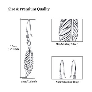 Feather Earrings 925 Sterling Silver Feather Dangle Earrings Hypoallergenic Earrings for Mens and Womens