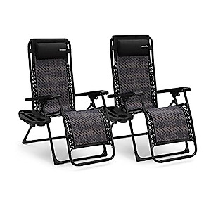 SereneLife Foldable Outdoor Zero Gravity Lawn Chair, Adjustable Rattan Recliners, w/Removable Padded Headrest Pillows and Cup Holder Side Tables, Set of 2, One Size