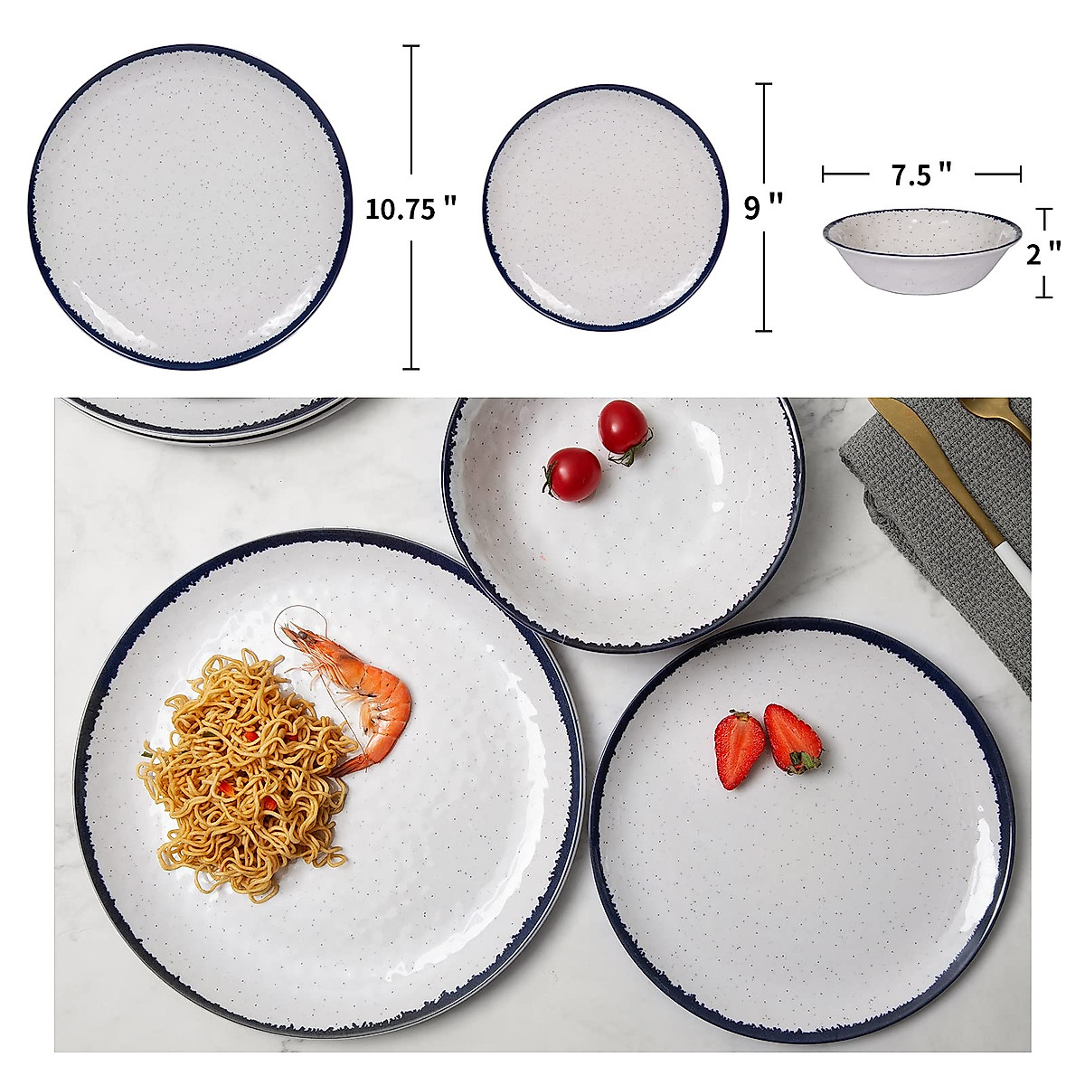 Marjoy Melamine Dinnerware Sets- 12pcs Melamine Plates and Bowls Set for 4, Suitable for Indoor and Outdoor Use, Dishwasher Safe Unbreakable