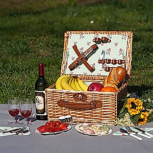 Wicker Picnic Basket for 2, Handmade Willow Hamper Basket Sets 2 Person Picnic Basket with Utensils Cutlery Perfect for Picnic, Camping