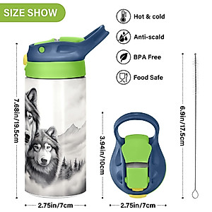 Kigai Gray Wolf Kids Insulated Water Bottle with Straw - Stainless Steel Travel Tumbler Double Wall Vacuum Leak Proof Kids Cup Hot for School Boys Girls