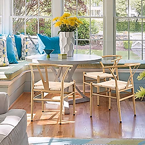 Yaheetech Set of 4 Weave Chair Mid-Century Metal Dining Chair Y-Shaped Backrest Hemp Seat, Wood Color