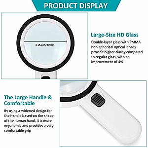 30X Magnifying Glass with Light and Case - Reading Magnifying Glass Handheld Large Glass Lens Magnifier Ideal for Seniors, Inspection, Coins, Stamps, Jewelry, Macular Degeneration