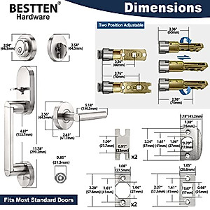 BESTTEN Heavy Duty Front Door Handle Set, Modern Handleset with Single Cylinder Keyed Entry Deadbolt Lock & Door Lever, Reversible for Exterior Doors, Satin Nickel