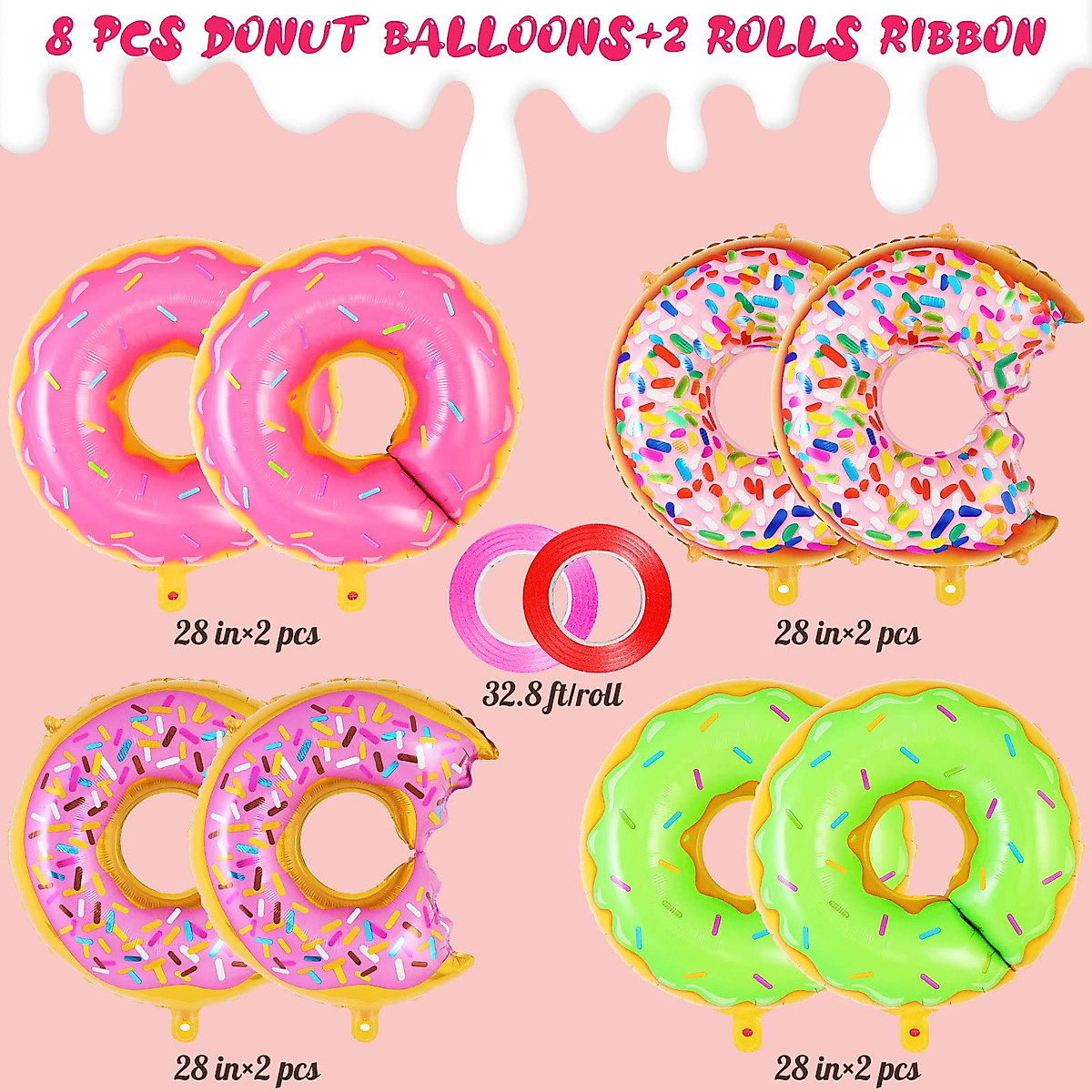 Donut Balloon Party Decoration, 8 Pcs Large Doughnut Foil Mylar Balloons, Candy Sprinkle Balloons for Donut Themed Birthday Party Donut Grow up Party Baby Shower