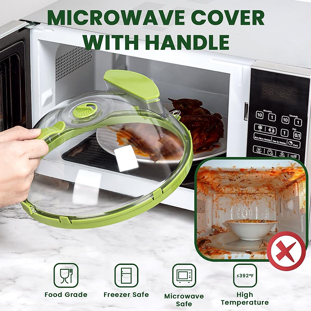 Gracenal Microwave Cover for Food, Clear Microwave Splatter Cover with Water Steamer and Handle, 10 Inch Plate Covers, Kitchen Gadgets and Accessories, House Essentials for Gifts, Green