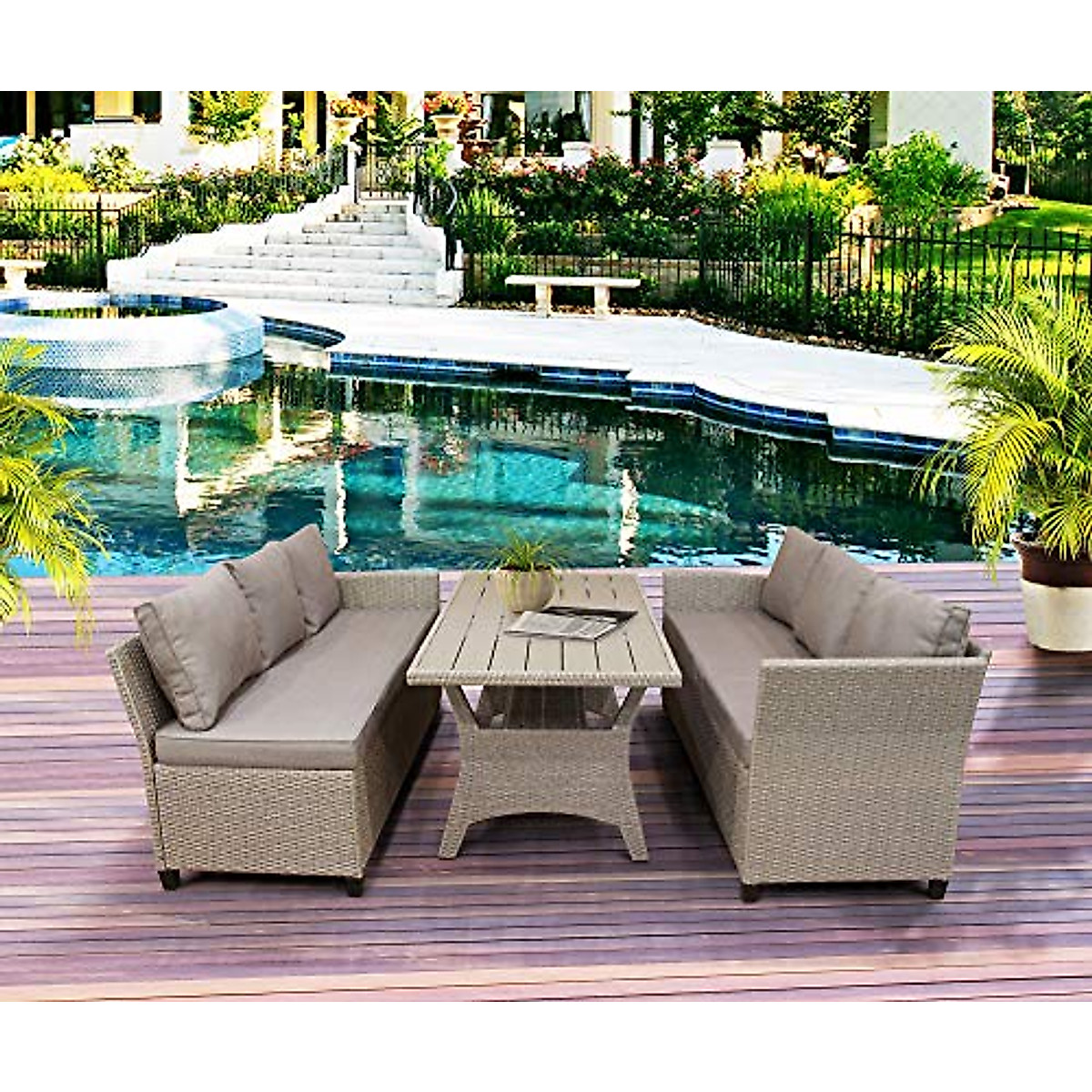 SIYAHOME PE Rattan Wicker Conversation, Weather Sectional Sofa Set with Table & Soft Cushions, Patio Outdoor Furniture, Brown