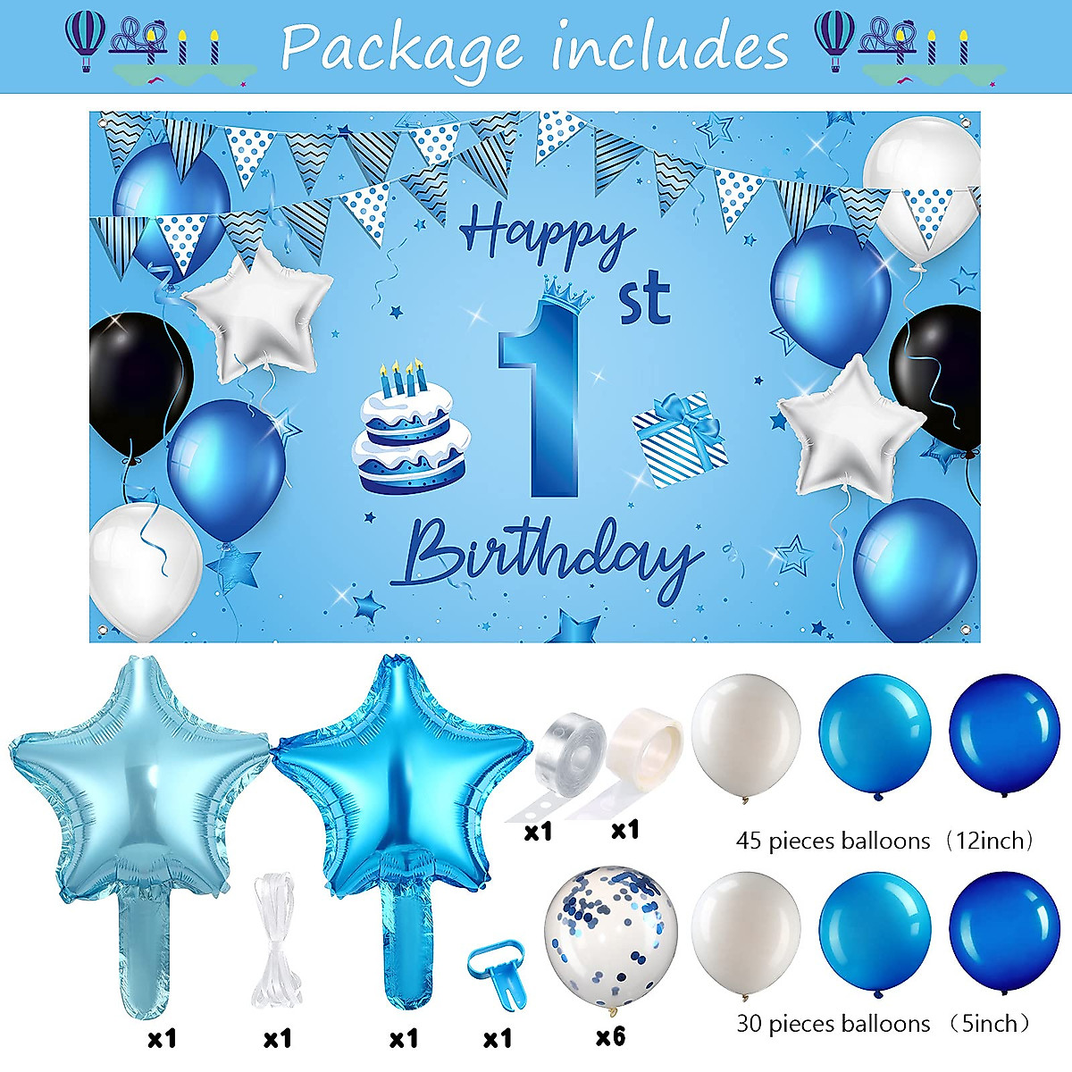 1st Birthday Decorations First Birthday Boy Backdrop 88 Pcs Blue Baby Boy First Party Supplies with Banner Foil Star Balloons Set for Baby Shower Party Decorations Supplies