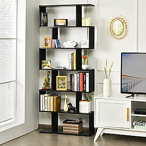 IFANNY 6 Tier Bookshelf, S Shaped Bookcase w/Staggered Storage Shelves, Display Shelf and Room Divider, Librero para Habitacion, Book Shelf for Bedroom, Living Room, Home Office (Black)